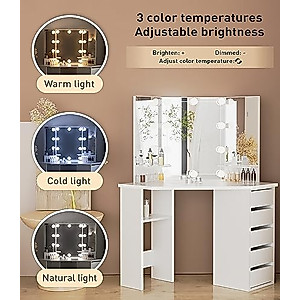 Likein Corner Makeup Vanity Desk with Mirror and Lights, Bedroom Vanity Table with Lighted Mirror 5 Drawers and Storage Shelf for Women Girls White