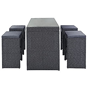 5-Piece Outdoor Patio Wicker Bar Set, Garden PE Rattan Wicker Dining Table, Square Stool Set, Glass Tabletop, High-Dining Bistro Set with 4 Stools and 1 Wood Table (Grey2-5PCS)