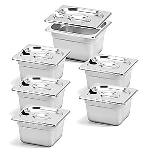BIEAMA 6 Pack Hotel Pans, 1/6 Size 4" Deep, NSF, Commercial Stainless Steel Pan, Steam Table Pan, Catering Food Pan with Cover Notched