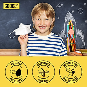 Good Mask Co. Good Comfort Kids KN95 Face Mask, Disposable KN95 Face Mask, Folding, Comfortable Face Masks, Bulk Face Masks (10 Pack of Masks, White)