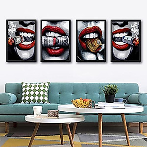 Bnhcoe Fashion Black and Red Pictures for Canvas Wall Decor, Red and Black Lips Room Decor, Burning Dollar Money Wall Art Pictures Prints Posters for Womens Bedroom Decor Set of 4