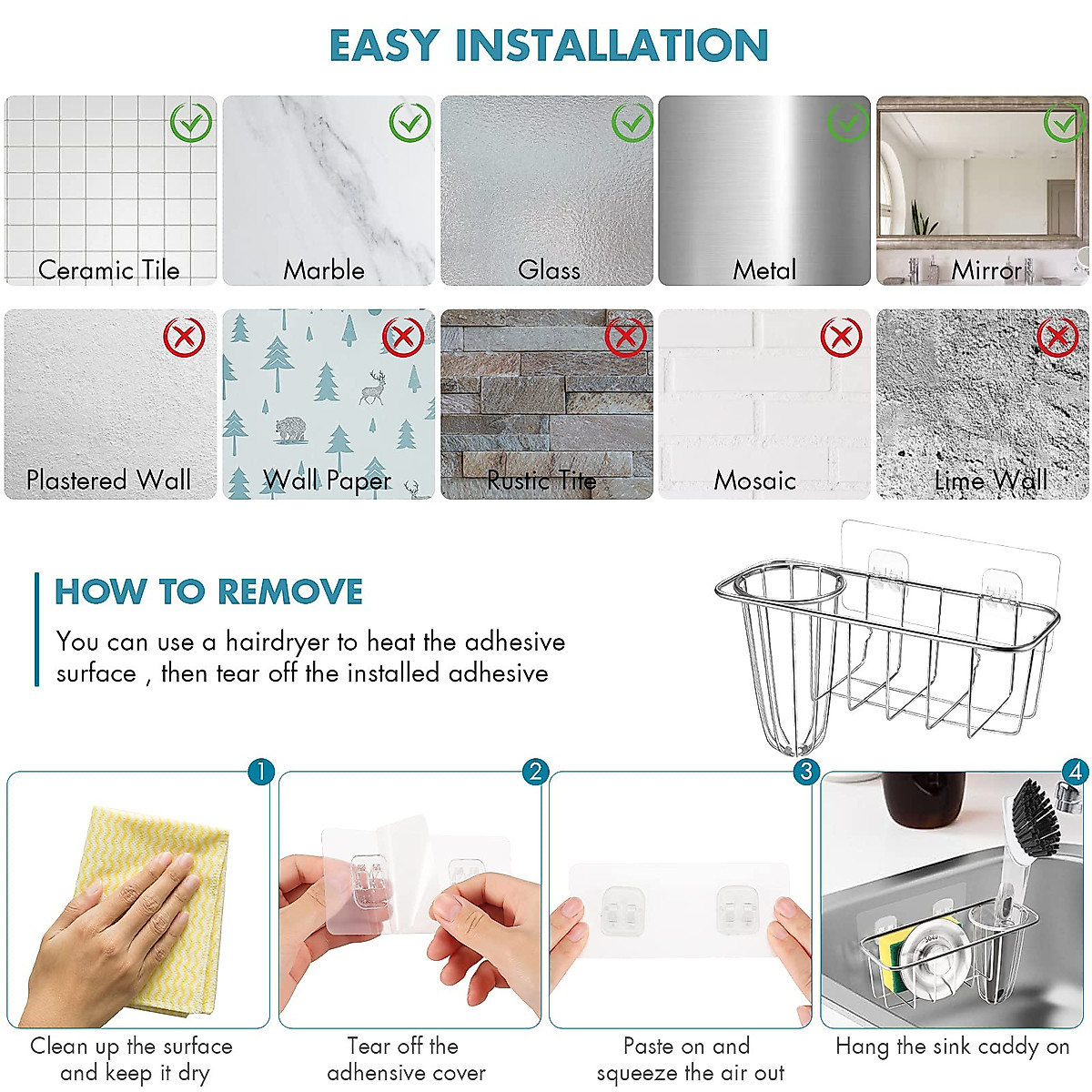 Sponge Holder Sink Caddy, BOJODPIE 2-in-1 Dish Brush Holder & Sponge Holder, Stainless Steel Kitchen Sink Organizer, Adhesive Installation No Drilling