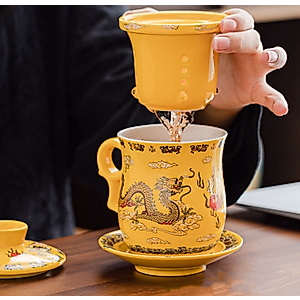 TONGMAN Blue and White Porcelain Tea Cup Infuser 4-Piece Set with Tea Cup Lid and Saucer 13.5oz Loose Leaf Tea Brewing System for Travel Office Chinese Dragon Pattern Tea Cup