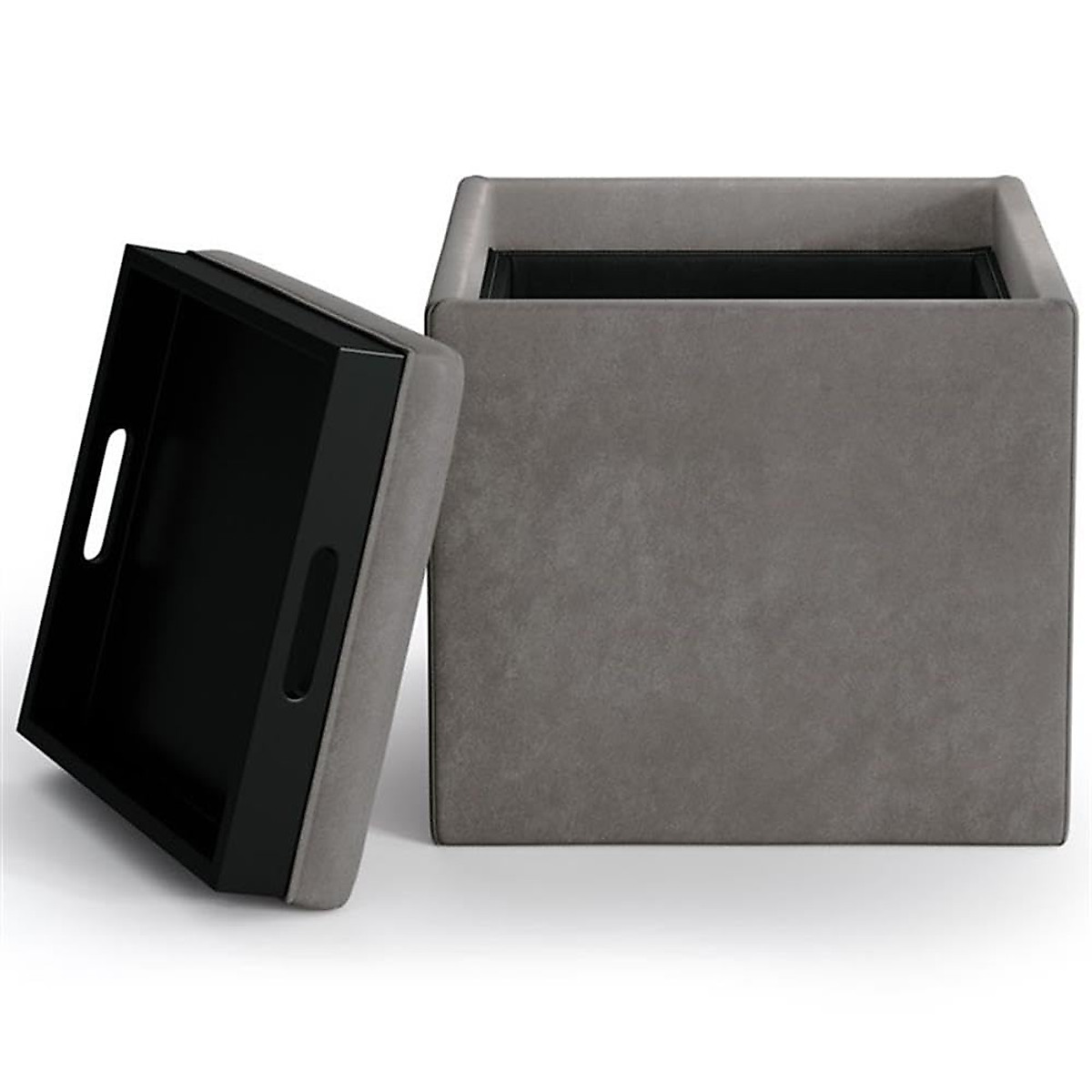 SIMPLIHOME Rockwood 18 inch Wide Contemporary Square Cube Storage Ottoman with Tray in Distressed Slate Grey Vegan Faux Leather, Assembled, for the Living Room, Entryway and Family Room