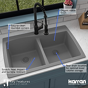 Karran QT-720 Drop-In Quartz Composite 34 in. 1-Hole 50/50 Double Bowl Kitchen Sink in Grey