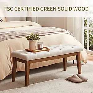 HUIMO Button-Tufted Bench for End of Bed, Entryway Bench with Upholstered Linen Fabric, Ottoman Bench for Living Room,Dining Bench for Kitchen(Beige)