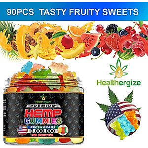 Healthergize Hemp Gummies-Great for Sleep, Joints, Relax, Calm, Muscles, Discomfort, Skin-Hemp Gummy Bears Peace and Relaxation-Variety Fruity Flavors-Natural Hemp Edibles Bears-Made in USA-90 Bears