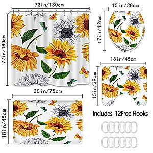 Sunflower Shower Curtain Sets with Non-Slip Rugs,Toilet Lid Cover Carpet and Bath Mat,Flowers Shower Curtains with 12 Hooks,Durable Waterproof for Bathroom Decor