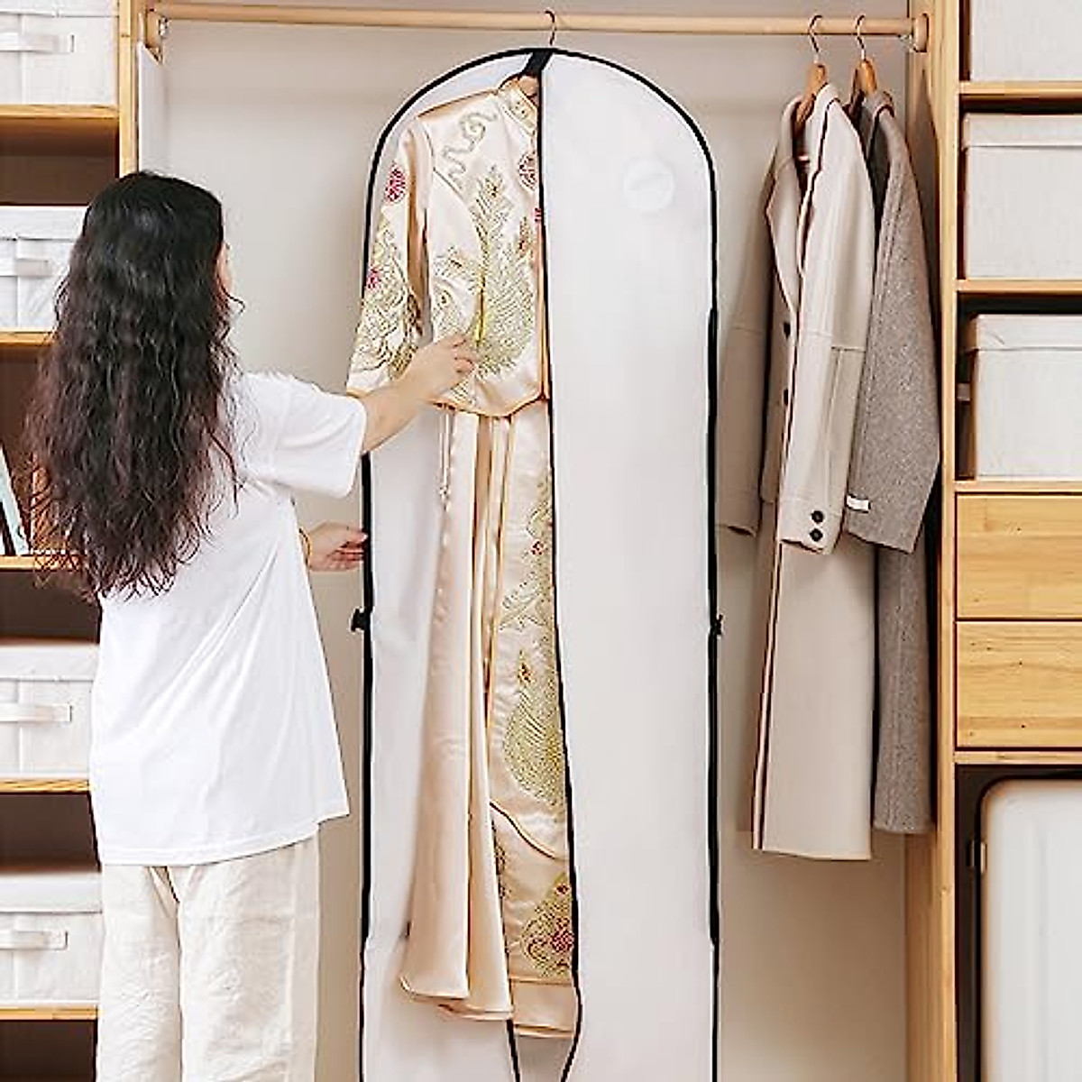 WSNIJFU Dress Garment Bag with Zip 1PC Foldable Waterproof Dustproof Wedding Evening Dress Covers Protector Bag for Wardrobe Storage and Travel (24x71 inch)