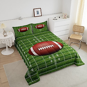 American Football Comforter Set Full,Football Field Abstract Bedding Set 3pcs for Kids Teens Boys Girls Adults Room Decor, Soccer Sport Game Quilt Set Green Brown Duvet Insert with 2 Pillowcases