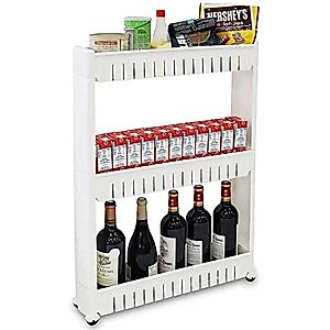 Todeco 3 Tier Slim Storage Cart Mobile Shelving Unit Organizer Slide Out Storage Rolling Utility Cart Tower, Gap Storage Pantry Storage Rack for Kitchen Bathroom Laundry Narrow Spaces, Plastic, White