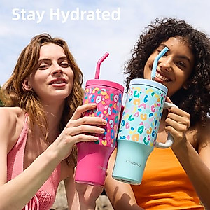 40 oz Tumbler with Handle and Straw Lid, Reusable Leak-Proof Insulated Tumblers, Stainless Steel Coffee Tumbler Cups, Travel Mug for Home Office, Keep Cold 34Hrs, Cup Holder Friendly(Cyan Leopard)