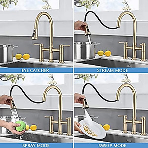 Dornberg Bridge Kitchen Faucet with Pull Down Sprayer, 3 Hole Kitchen Sink Faucet Spot Free Stainless Steel, 2 Handle for Easy Controlled Cold and Hot Water - Brushed Golden