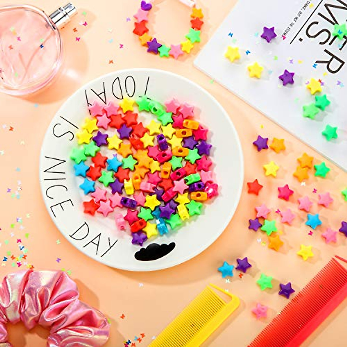 500 Pieces Star Pony Beads Large Hole Beads Multi Color Acrylic Beads Bracelet Kawaii Rainbow Necklace Jewelry Making Craft Beads for Christmas Valentine's Day Present