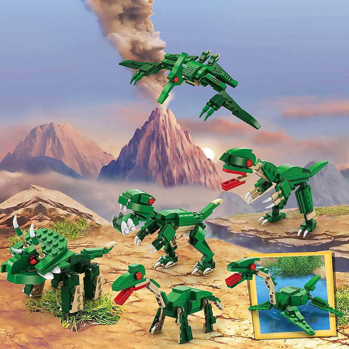 GARUNK 6 in 1 Mighty Dinosaurs Building Blocks Set, Build It Yourself Dinosaur Set, Create a Ceratosaurus, Pterosaur, Diplodocus, Triceratops, Allosaurus, Raptor, for Kids (673 Pieces)