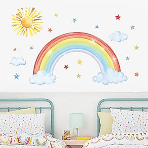 decalmile Large Rainbow Wall Decals Sun Cloud Star Wall Stickers Baby Nursery Girls Bedroom Living Room Wall Decor
