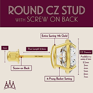 14k Yellow Gold Solitaire Made with Genuine Cubic Zirconia Round Stud Earrings (5mm)