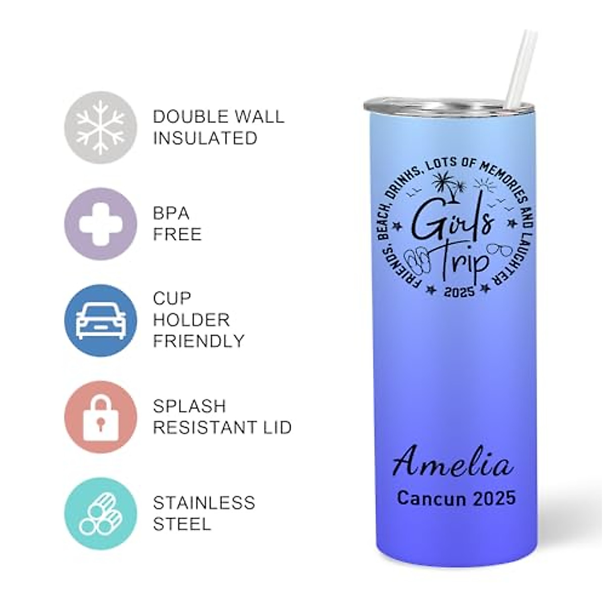 Personalized Girls Trip Tumbler, Custom Beach Vacation Tumbler with Name, Girls Weekend Gifts for Women, 2025 Girl Trip Cup Gifts, 20 oz Stainless Steel Cup with Straws, Bachelorette Party Gift