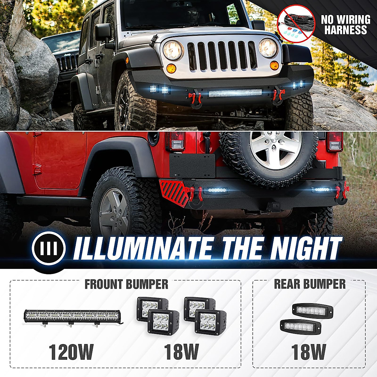 EYOUHZ Full Width Front & Rear Bumper w/Spare Tire Carrier Compatible with 2007-2018 Jeep Wrangler JK JKU Unlimited with Paintable Armor, License Plate Bracket, 2" Hitch Receiver, LED Lights & D-rings