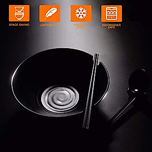 Vivimee Unbreakable Japanese Style Ramen Bowl Set of 2, 37oz Black Large Ramen Bowls and Spoons Set with Chopsticks & Saucers for Pho Thai Miso Udon Soup Noodles or Asian Food, Matte Melamine Bowls