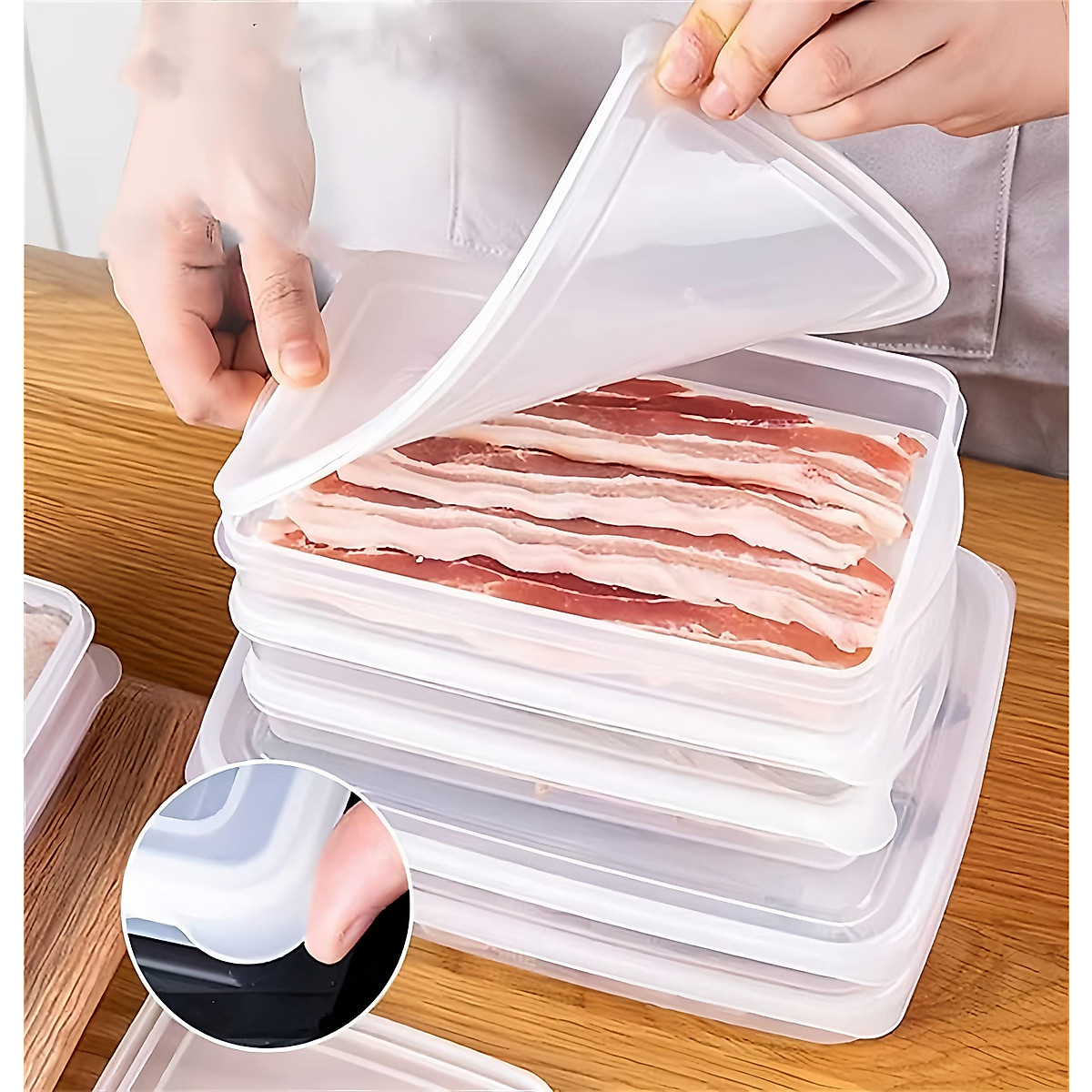 wulikanhua 2 Pack Plastic Bacon Box, Deli Meat Saver Cold Cuts Fridge Keeper, Cheese Food Storage Container with Lid for Refrigerator, Shallow Low Profile Christmas Cookie Holder