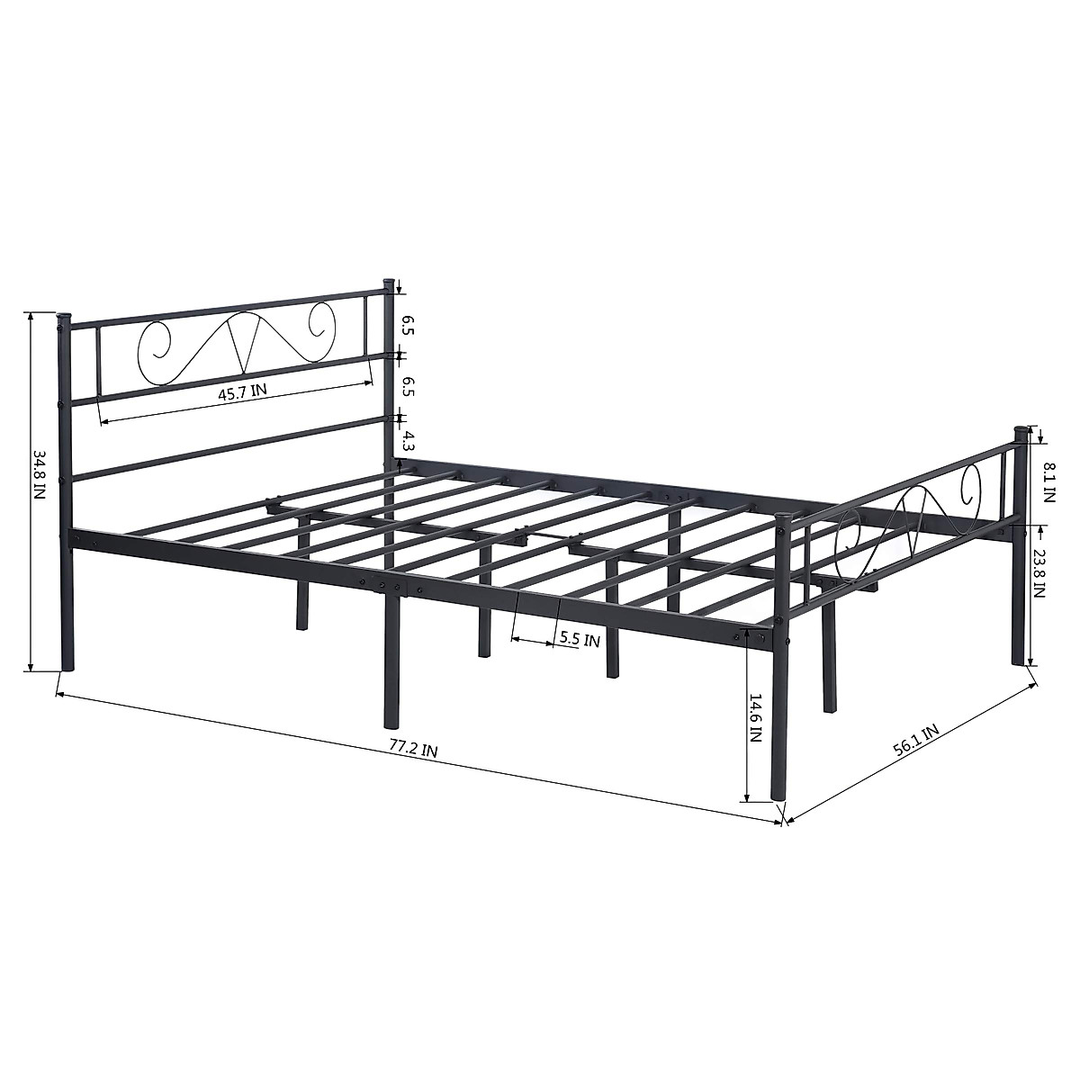 Full Size Platform Bed Frame with Headboard, Nordic Style Metal Bed Easy Assembly, Size 77.256.134.8 Inches