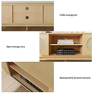 VOWNER Farmhouse Rattan TV Stand for 55/60/65 inch TV, Modern Entertainment Center with Natural Rattan Door and 2 Open Shelves, TV Console Table for Living Room, Wood Color