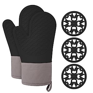 Silicone Oven Mitts Heat Resistant, Oven Mitts and Pot Holders Sets, Kitchen Mittens 5 Piece Set, Oven Gloves for Cooking,Baking,BBQ, Black Oven Mitts, Easy Clean