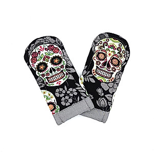 Sugar Skull Themed Pot Handle Holder Set of 2 Pair Cast Iron Skillet Pan Mitt Día de Muertos Kitchen Linens Day of the Dead Quilted Hot Pads Insulated Trivets Handmade