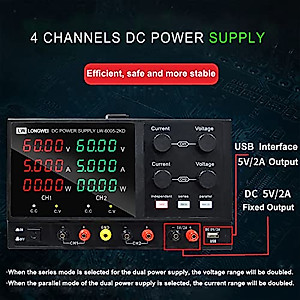 Lwlongwei 4 Channels DC Power Supply Variable, Tripple 60V 5A 2 * 300W Adjustable Switching Regulated DC Bench Power Supply with 4-Digits LED Power Display 5V/2A USB/DC Output Black