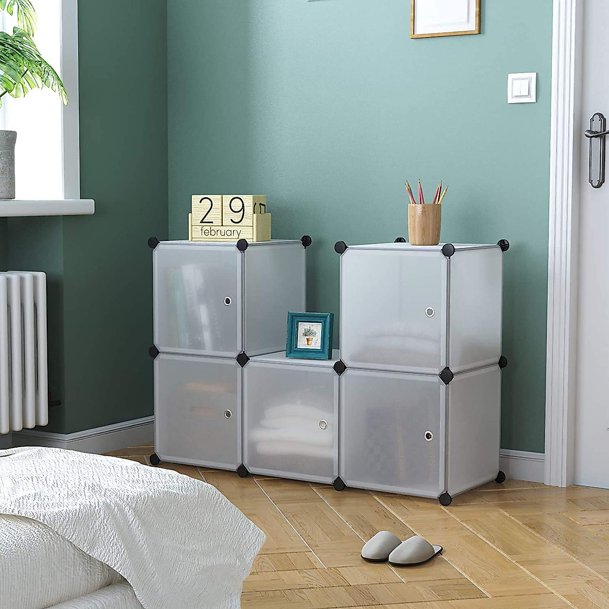 C&AHOME Cube Storage Organizer with Doors, 6-Cube Closet Cabinet, DIY Plastic Modular Bookshelf, Ideal for Bedroom, Living Room, Office, 36.6" L x 12.4" W x 36.6" H Translucent White