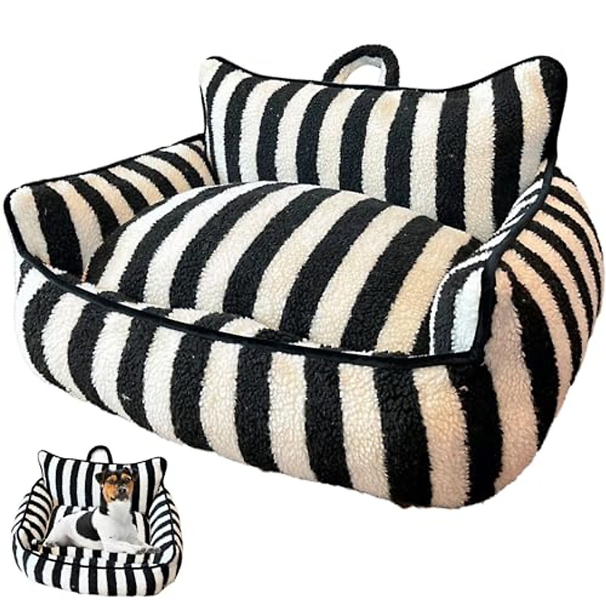 Naisicore Dog Bed, 26.8x20.5inch Plush Striped Thermal Dog Beds with Lifting Handle, Washable Cat Beds for Small Medium Dogs Cats (Black+White)