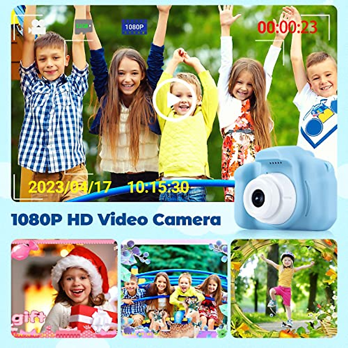 Kids Camera for Boys HOMHOW Toddler Camera for Girls Boys Children, Selfie Camera Kid Toys Christmas Birthday Gift Age 3 4 5 6 7 8 9 Year, 2inch IPS Screen with 32GB SD Card Blue