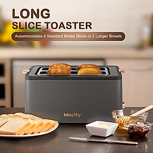 Mecity 4 Slice Toaster, Long Slot Toaster With Warming Rack, Bagel/Defrost/Reheat Functions,Warming Rack, Crumb Tray, 6 Browning Settings, Extra Wide Long Slots, Stainless Steel, 1300W,Grey