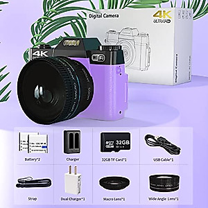 VJIANGER 4K Digital Camera 48MP Vlogging Camera for YouTube with 3.0’’ 180° Flip Screen, WiFi, 16X Digital Zoom, 52MM Wide Angle & Macro Lens, 2 Rechargeable Batteries, 32GB Micro SD Card(Purple31)