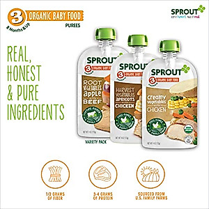 Sprout Organic Baby Food, Stage 3 Pouches, Root Veg & Beef, Creamy Veg & Chicken, Harvest Veg & Chicken Variety Pack, 4 Oz Purees (Pack of 18)