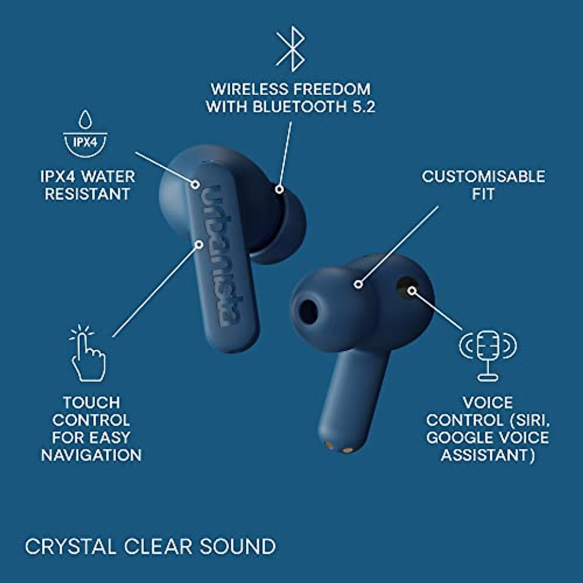 Urbanista Atlanta Wireless Earbuds Bluetooth Headphones, Hybrid Active Noise Cancelling Earphones with Touch Controls, 34H Playtime USB C Wireless Charging Case, Ambient Noise Control, Steel Blue