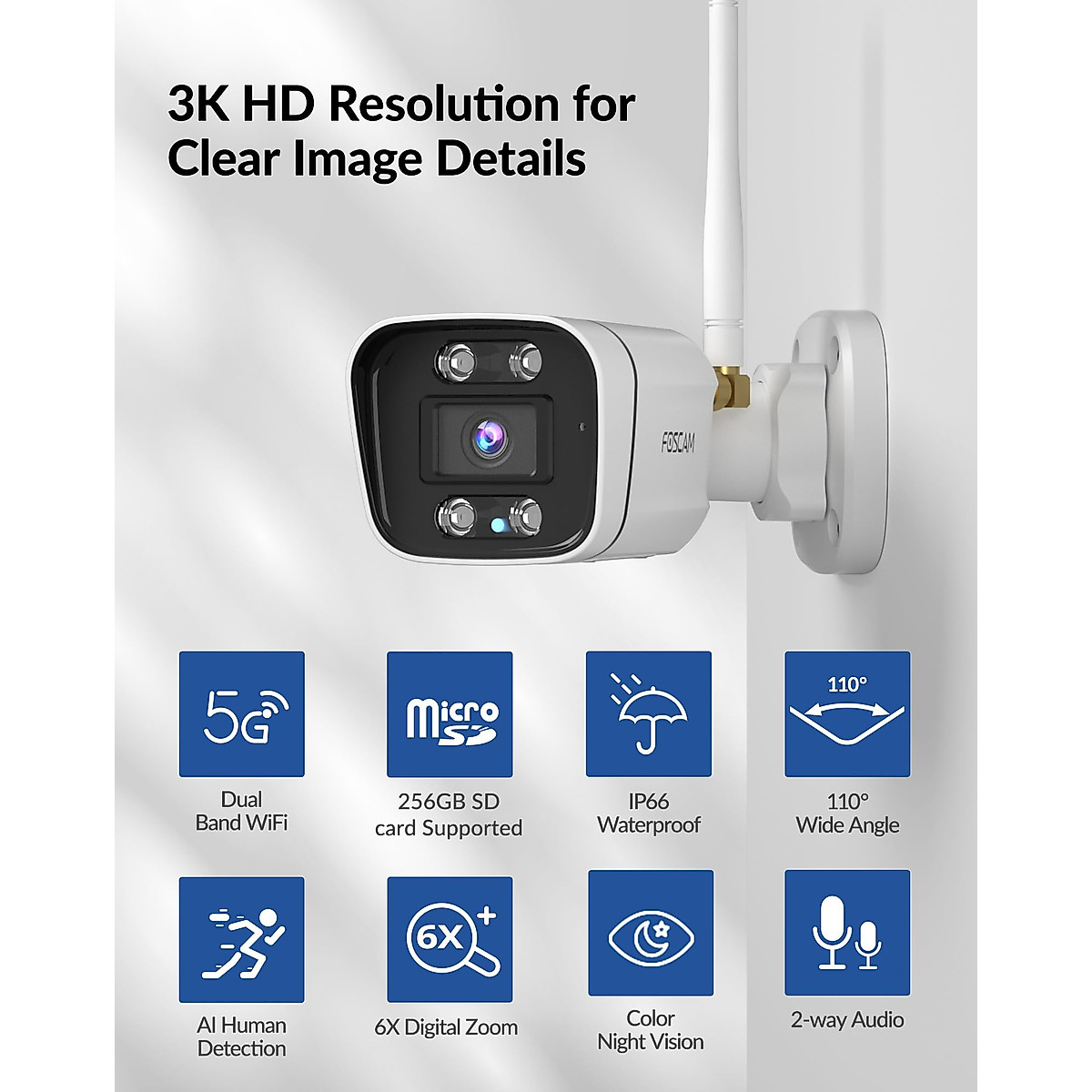 FOSCAM 5MP 3K Security Camera Outdoor, V5P 5G/2.4GHz WiFi Camera for Home Security, Two Way Audio, 66ft Color Night Vision, FOV 110°, Work with Alexa