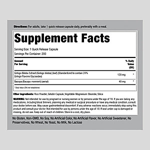 Piping Rock Ginkgo Biloba 120mg | 200 Capsules | Standardized Extract Supplement | Non-GMO, Gluten Free