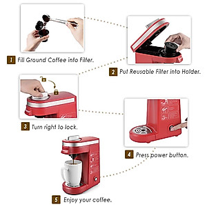 CHULUX One Cup Coffee Maker with 4 Pieces Refillable Filters,12 Ounce Built-in Water Reservoir
