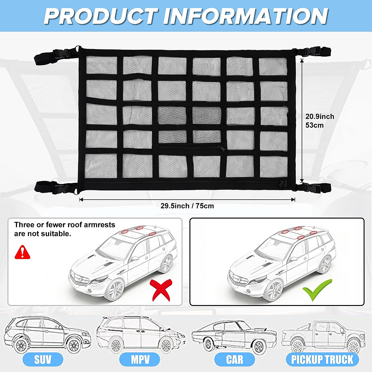 Car Ceiling Cargo Net Pocket Storage Net,30.7”x20.8”,Strengthen Load-Bearing Adjustable Double-Layer Mesh Car Roof Organizer for SUV Long Trip Camping