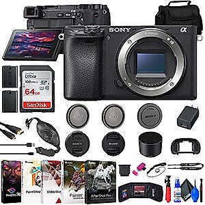 Sony a6400 Mirrorless Camera (ILCE-6400/B) + 64GB Card + NPF-W50 Battery + Card Reader + Corel Photo Software + HDMI Cable + Case + Flex Tripod + Hand Strap + Cap Keeper + More (Renewed)