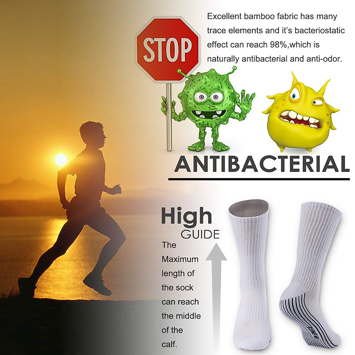 Sunew Crew Dress Socks, Bamboo Men Casual Wicking Cushioned Long Hiking Athletic Mid Calf Socks for Indoor Outdoor Workout Running Basketball Hiking 3 Pack White M