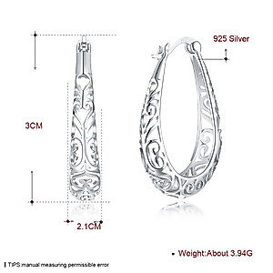 NewZenro Vintage Filigree 925 Sterling Silver Small Hoop Earrings for Women Girls Fashion Oval Hollow-out Texture Flower Dainty Huggie Hoops Hypoallergenic Pierced Jewelry Gifts