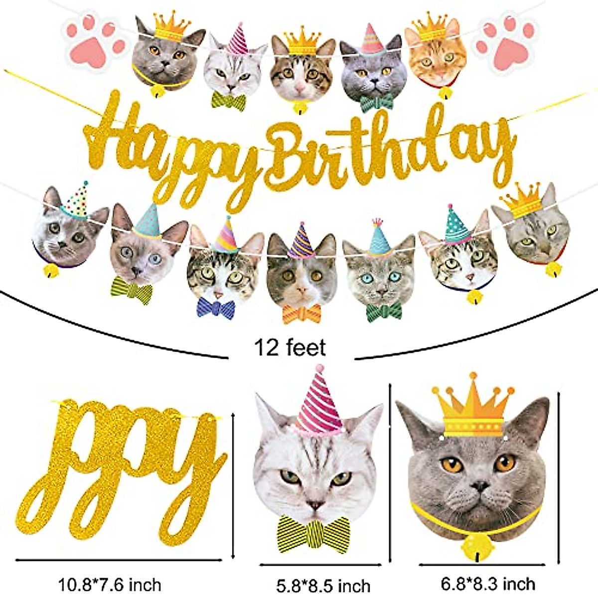 Cat Birthday Party Decoration Cat Faces Banner Gold Glitter Happy Birthday Banner for Meow Kitty Theme Birthday Party Baby Shower Supplies