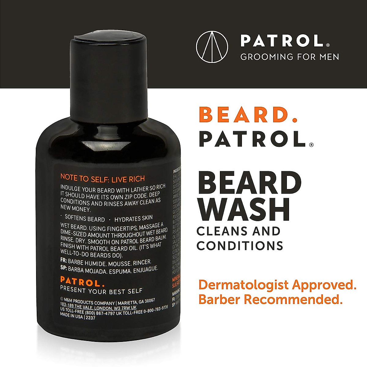 Beard Patrol Beard Wash Cleanser and Conditioner in One Softens With All Natural Oils - Sulfate-Free, Paraben-Free