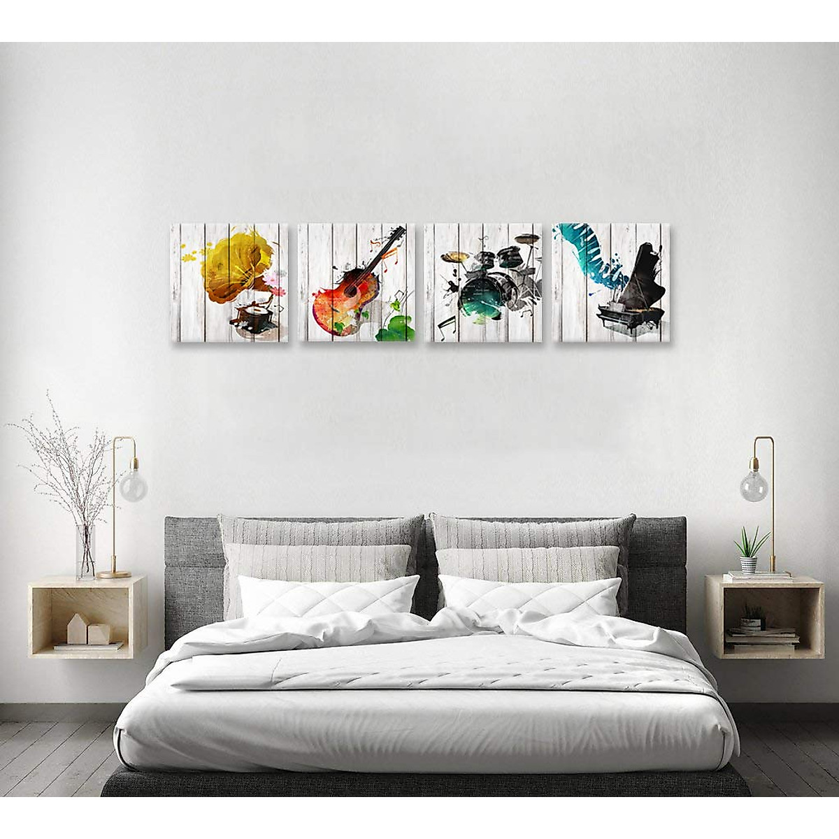 4 Pieces Music Canvas Wall Art Guitar Piano Phonograph and Drum Set Paintings Prints Wooden Style Gift for Music Lover Wall Decor for Music Studio Living Room Bedroom Home decor Framed Ready to Hang