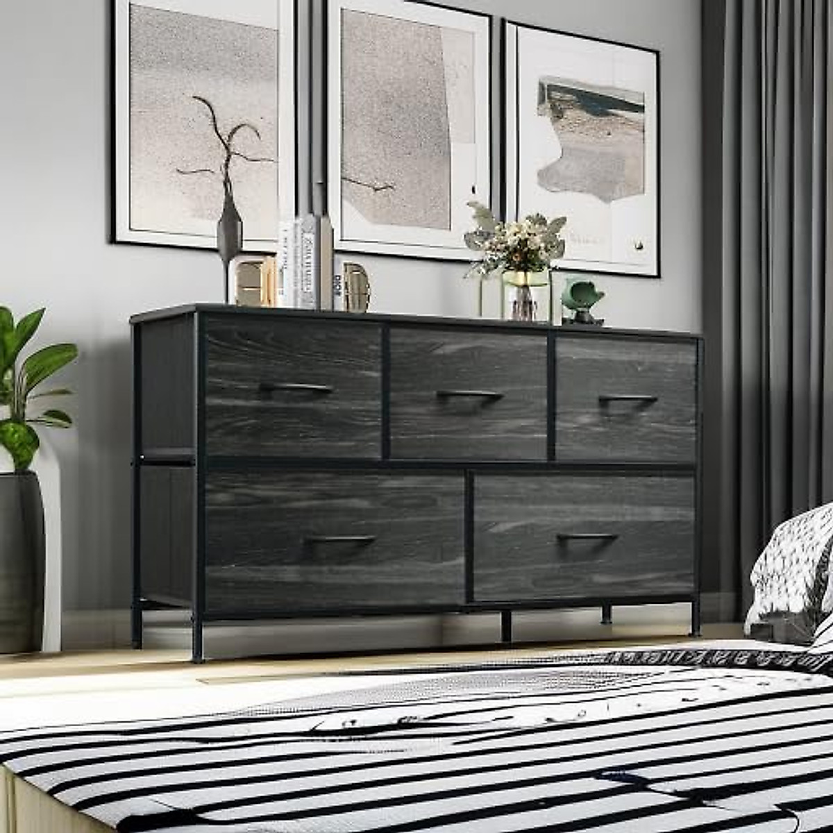 WLIVE Dresser for Bedroom with 5 Drawers, Wide Chest of Drawers, Fabric Dresser, Storage Organizer Unit with Fabric Bins for Closet, Living Room, Hallway, Charcoal Black Wood Grain Print