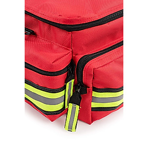 Scherber First Responder Fully-Stocked Professional Essentials EMT/EMS Trauma Kit | HSA/FSA Approved | Reflective Bag w/8 Zippered Pockets & Compartments & 200+ First Aid Supplies - Red