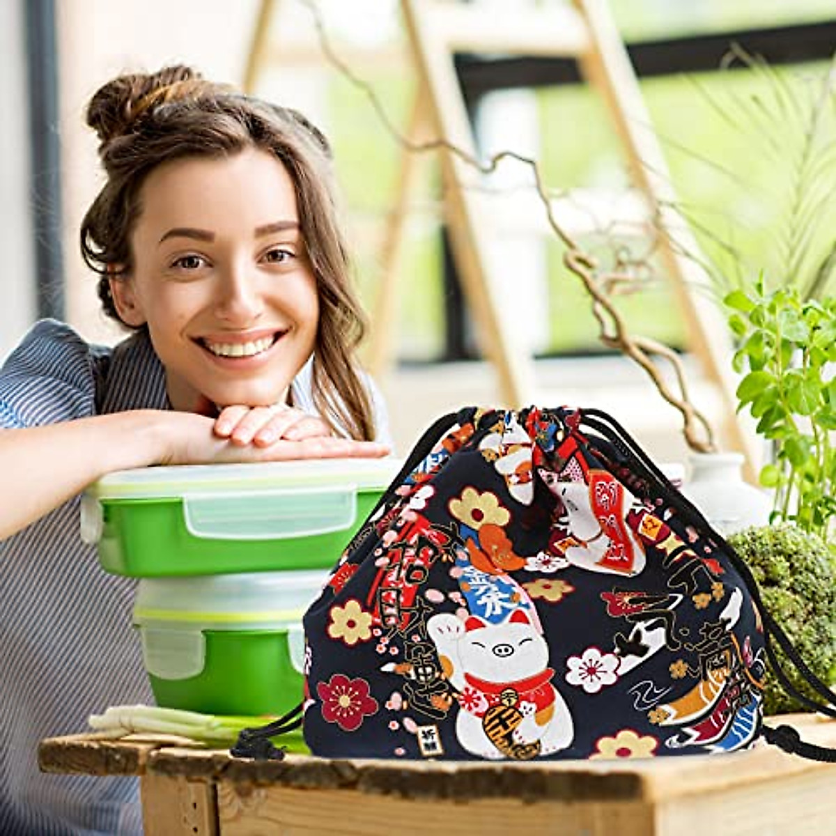 Healeved 2Pcs Japanese Style Lunch Bag Drawstring Lunch Bag Reusable Bento Box Bag Lunch Box Bag